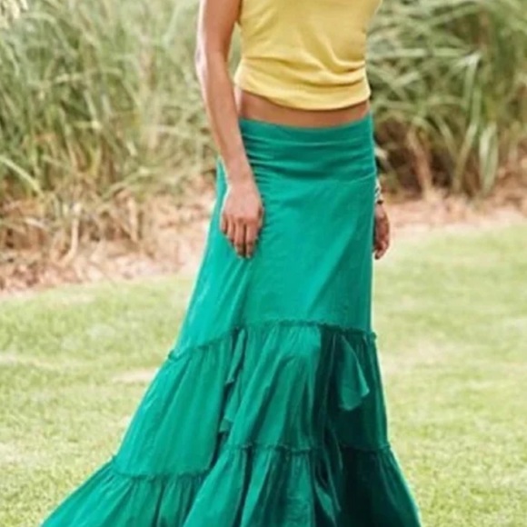 VENUS | Skirts | Venus 4 Boho Bright Green Tiered Maxi Skirt Linen ...